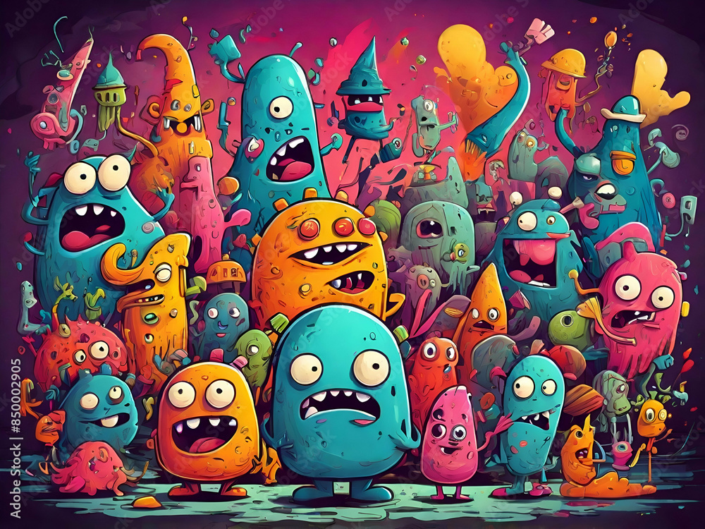 abstract childish Cartoon with fun and crazy characters. Weird and ...