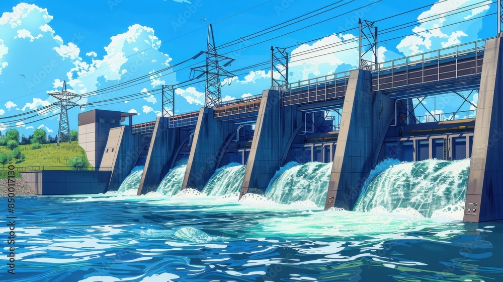 Illustrate a hydroelectric power plant feeding electricity into a high ...