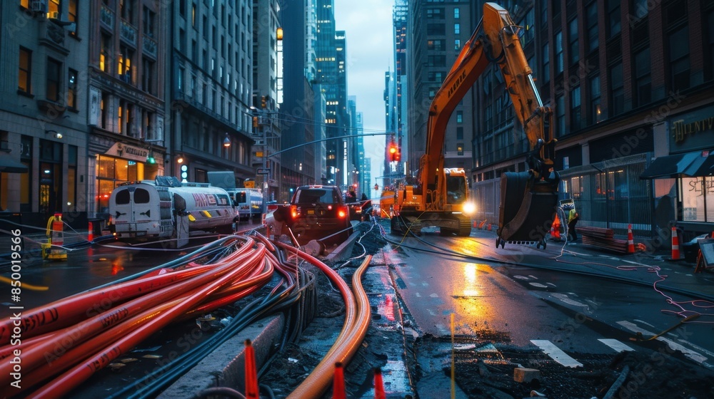 Generate an underground cable installation scene in a bustling urban ...