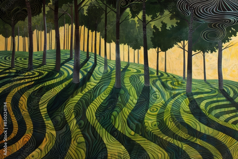 Abstract forest scene rendered in a flowing, wavy style, capturing the ...