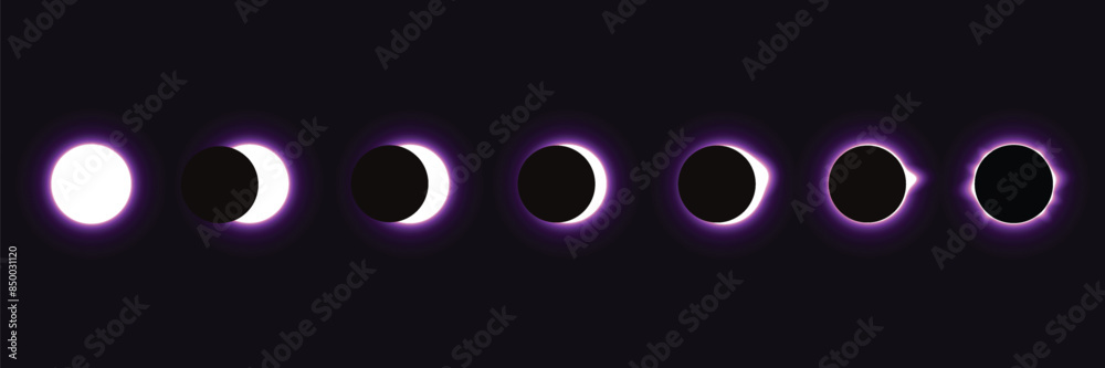 Different phases of solar eclipse. Iridescent round aura eclipse ...