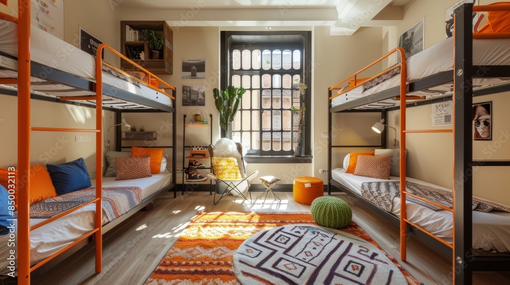 Contemporary hostel room with bright bunk beds, modern furnishings, and ...
