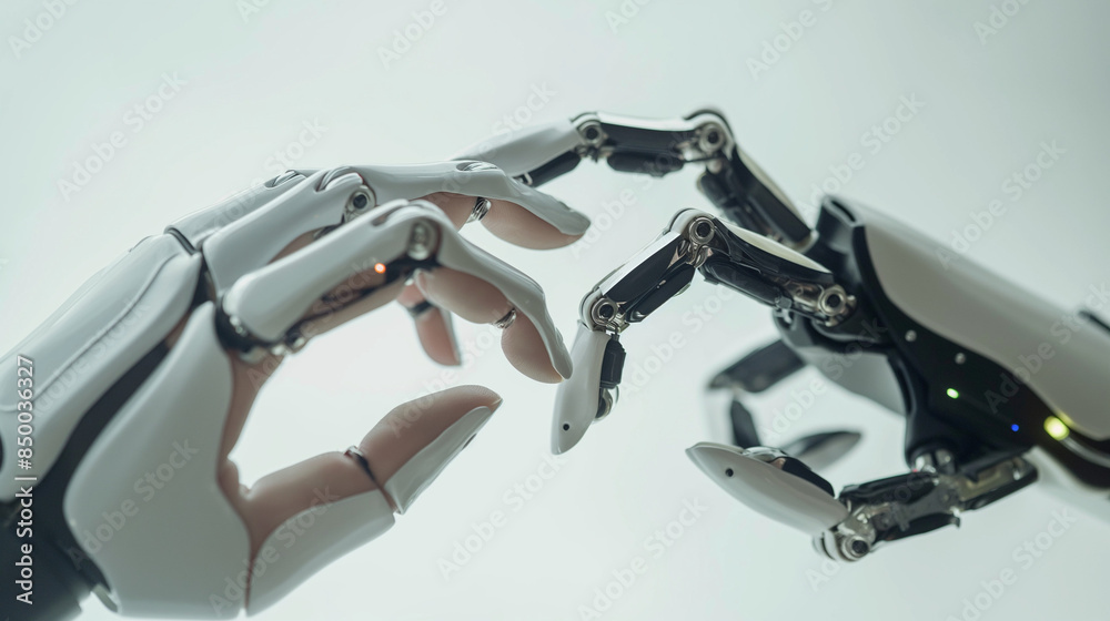 robot hand touching human hand, hand touching screen, robot hand, human ...