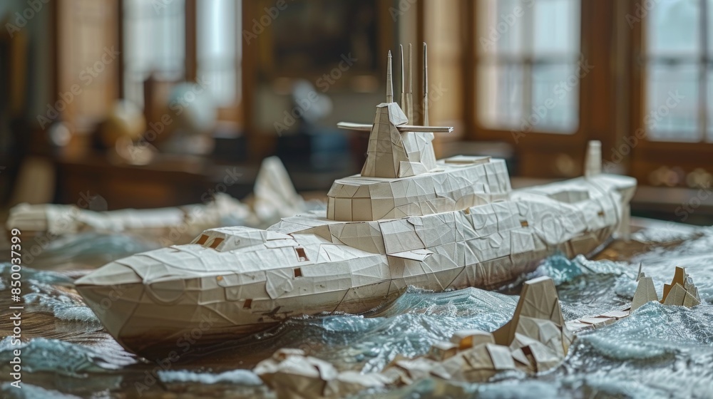 Paper model of a submarine exploring the depths of a paper ocean ...