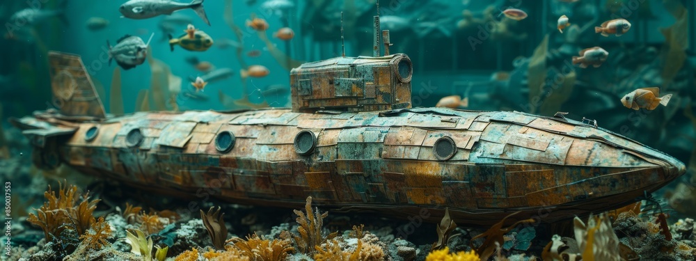 Paper model of a submarine exploring the depths of a paper ocean ...