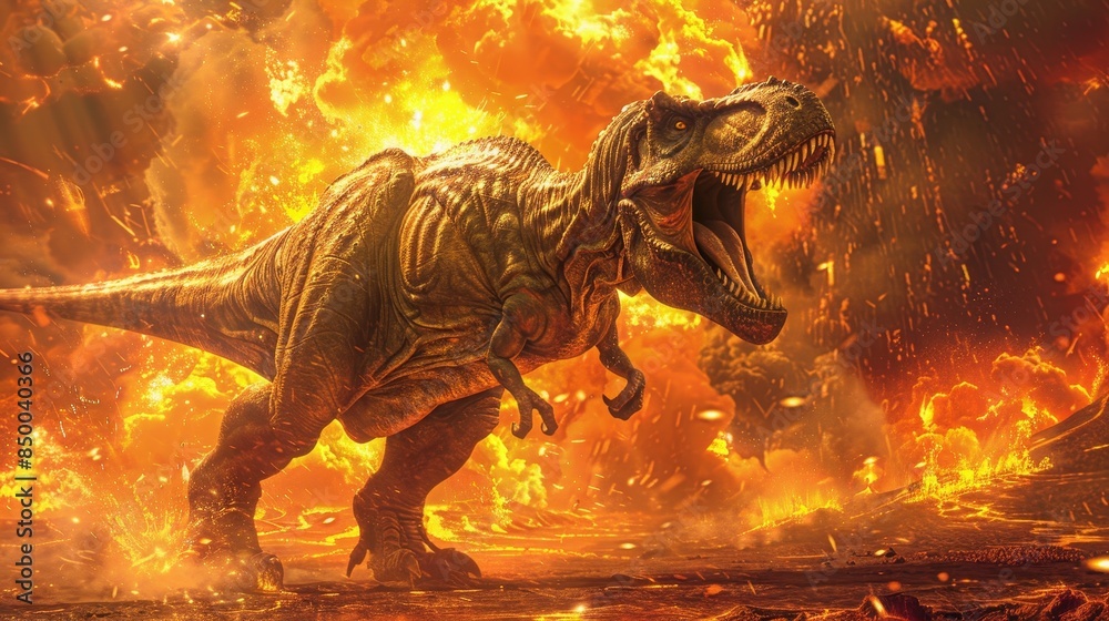 Dinosaur unleashing a mighty roar, surrounded by a cataclysmic volcanic ...