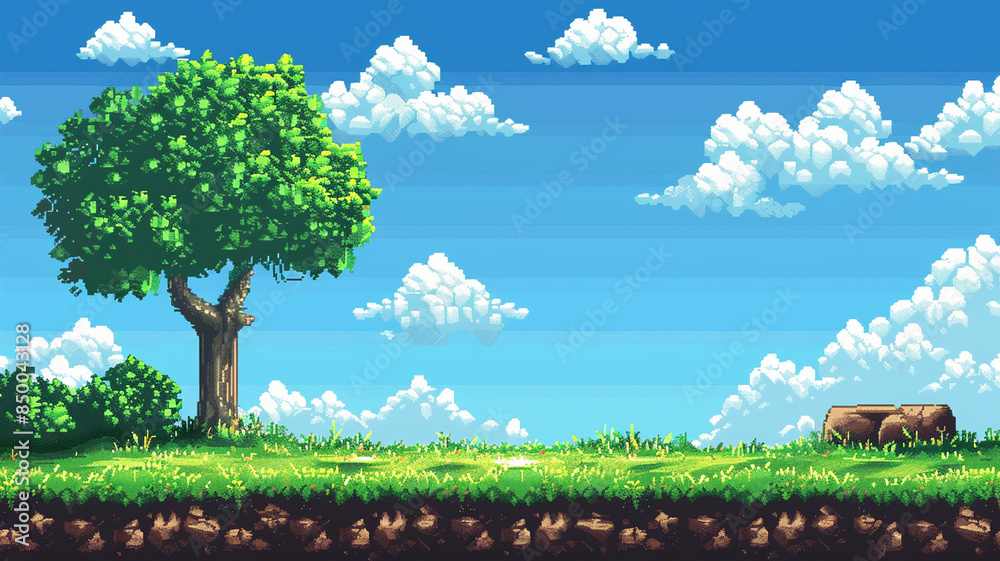 8 Bits landscape pixel art game level background with mountains trees ...