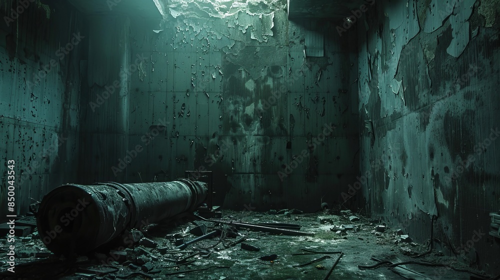 In the depths of an old bunker, a forgotten gun is illuminated by the ...