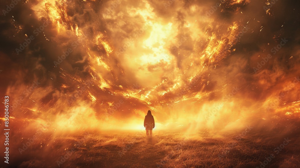 Mysterious figure moving forward through a field under a tumultuous sky ...