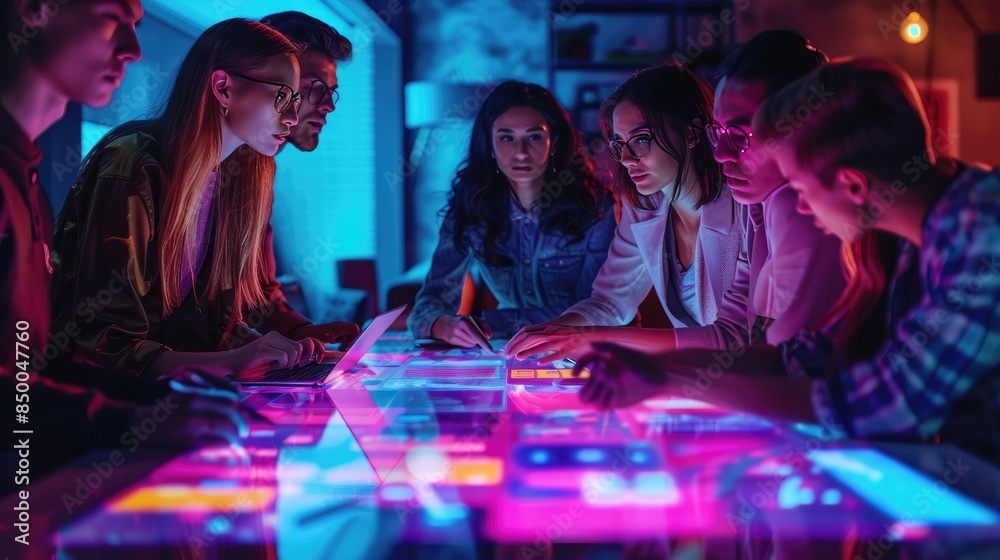 Innovative startup team brainstorming around a digital table, vibrant ...