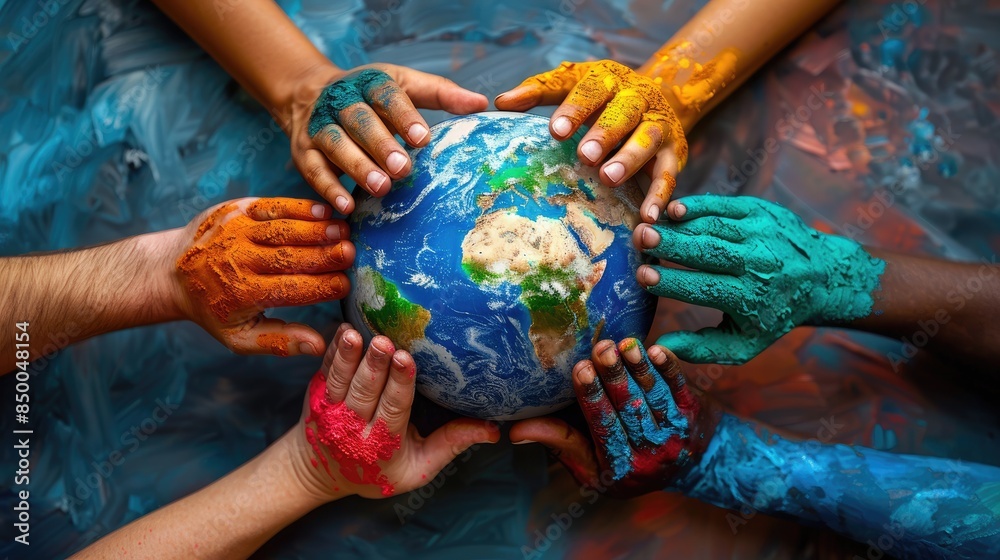 Diverse group of hands painted in vibrant colors holding the Earth ...