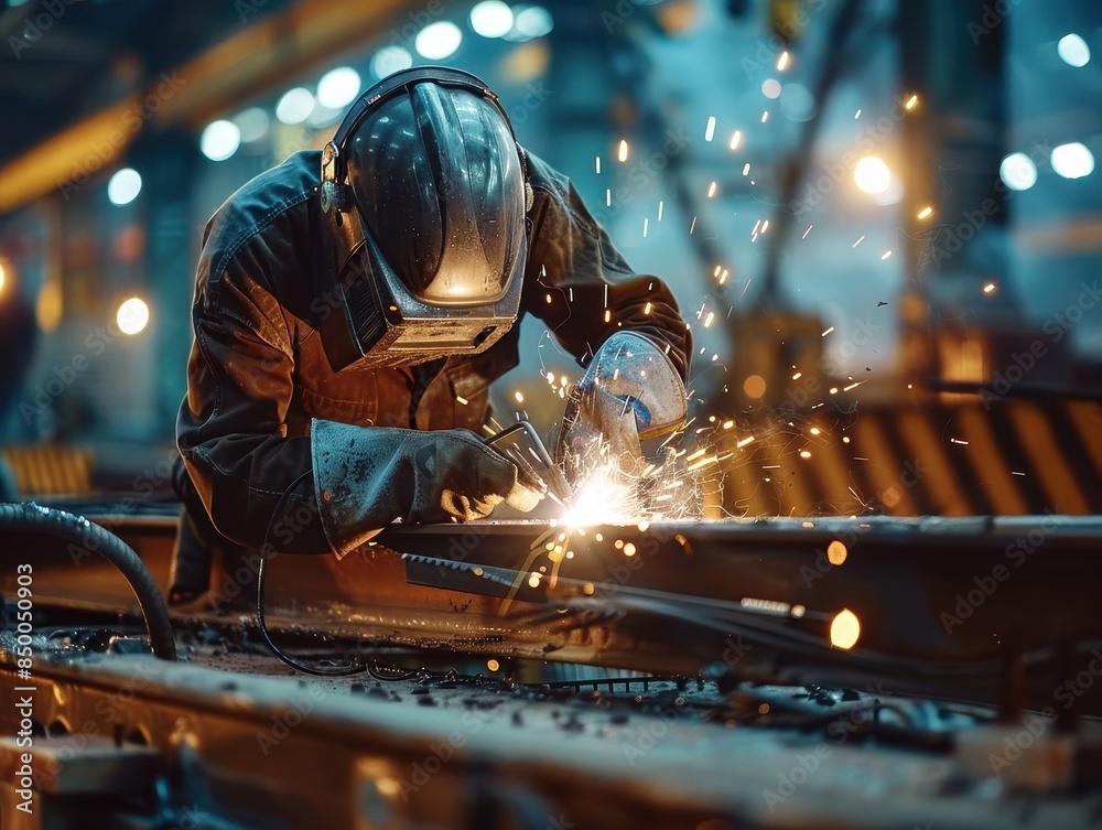 Industrial Welder at Work in Factory, Sparks Flying, Heavy Machinery ...