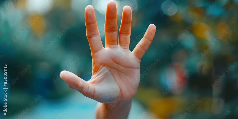 Hand making a stop gesture symbolizing strength against human rights ...