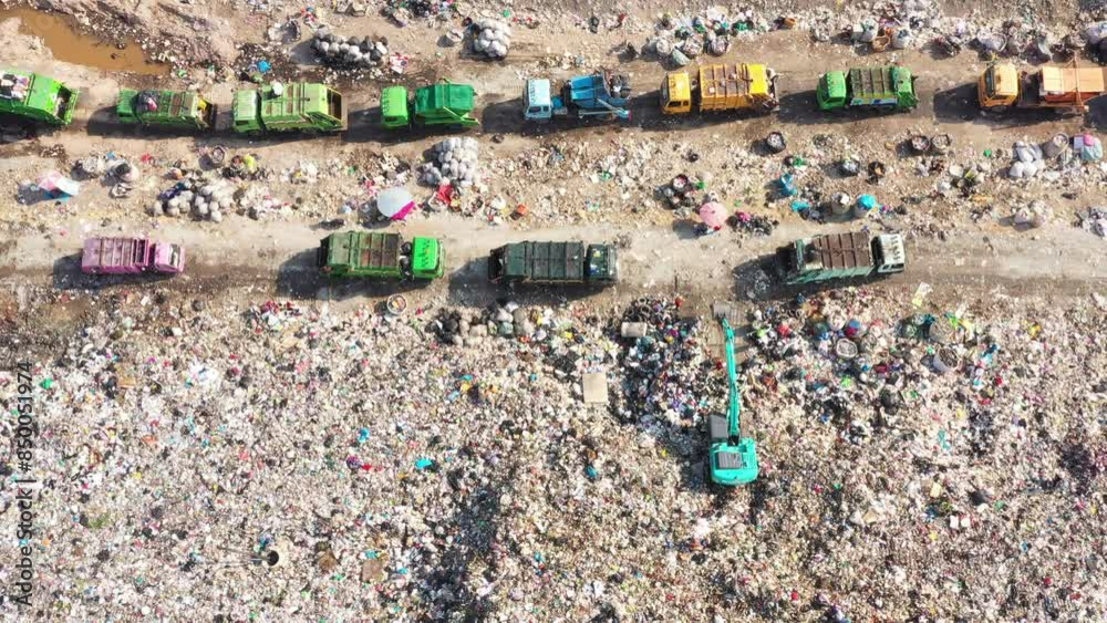 Aerial top view of A Huge Waste, garbage, dump, rubbish landfill. A ...