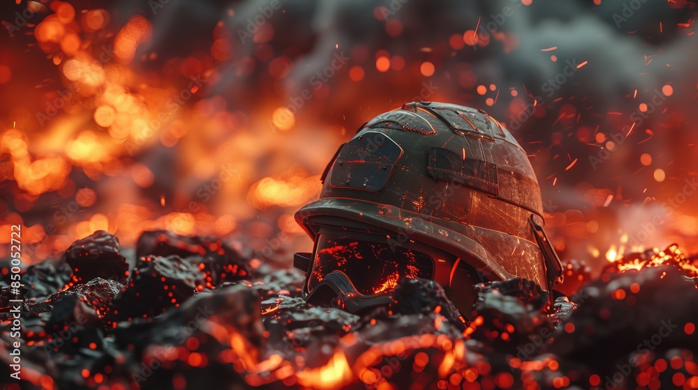 Rugged military helmet in a fiery inferno, surrounded by a cataclysmic ...