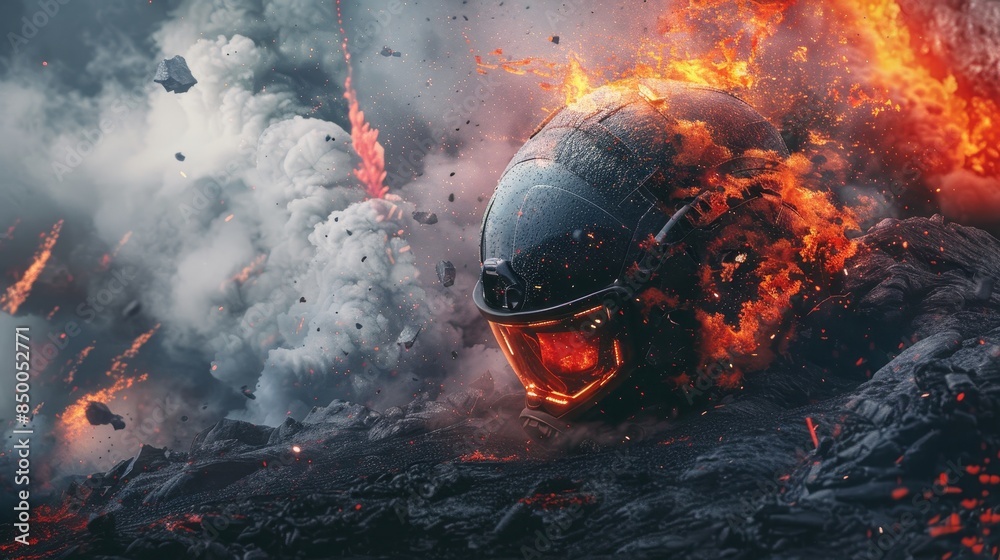 Rugged military helmet in a fiery inferno, surrounded by a cataclysmic ...