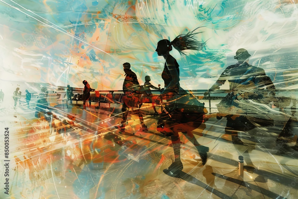 Abstract art of people walking with motion blur and colorful light ...