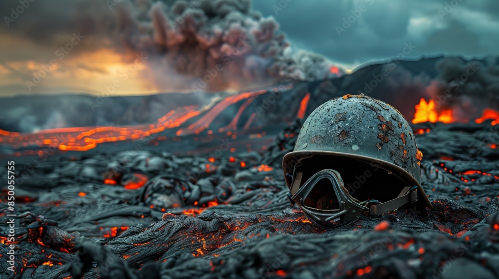 Weathered military helmet in the midst of a volcanic eruption, fiery ...