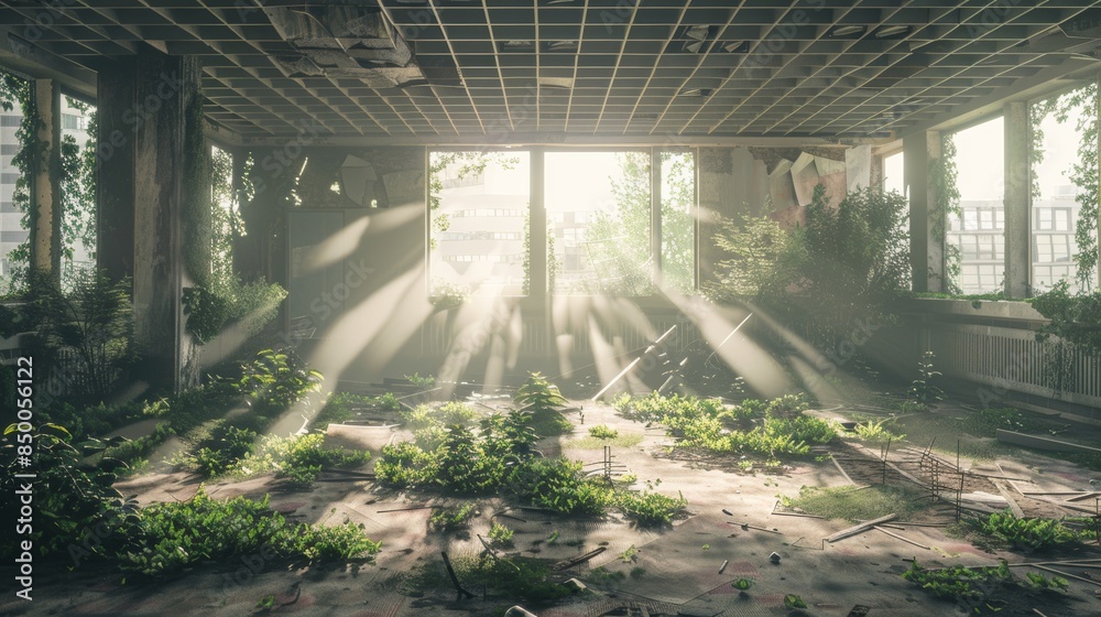 Vast abandoned meeting room, sunlight filtering through broken windows ...