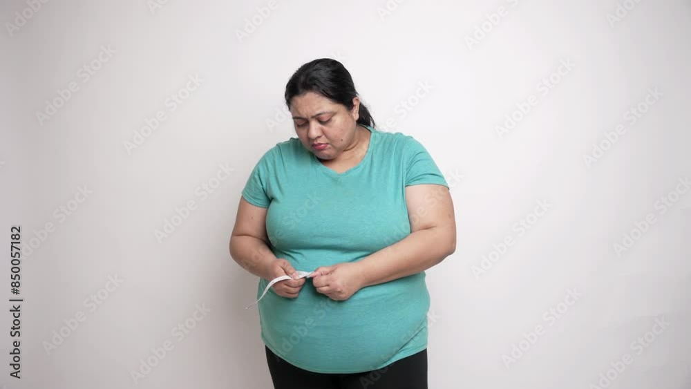 Oversize indian woman feeling sad after measuring her waist isolated ...