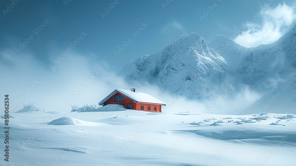 Heavy snowfall burying a mountain cabin, pristine white snow under a ...