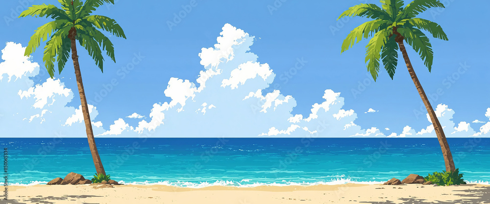 2d pixel art of beach with blue sky, coconut tree, game art, 16 bits ...
