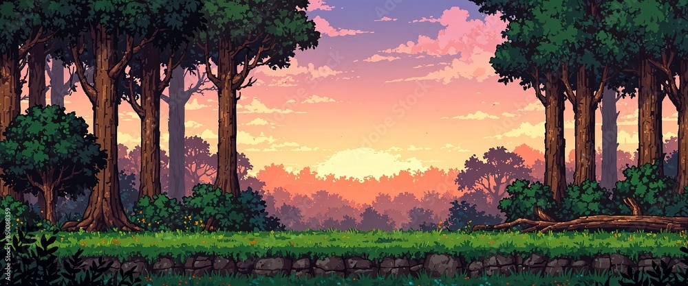 2d pixel art of forest at sunrise, game art, 16 bits, 32 bits. Stock ...