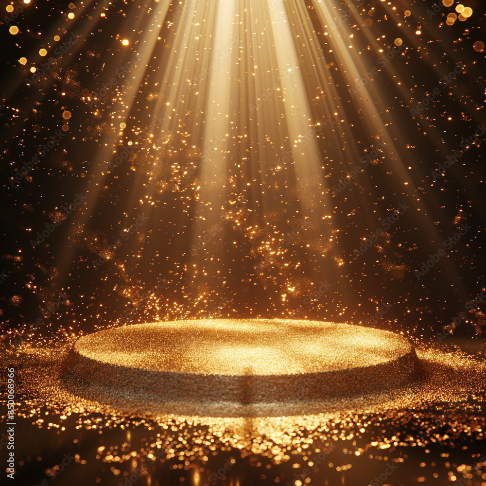 spotlight on stage, fountain in night, gold glitter on the floor with ...