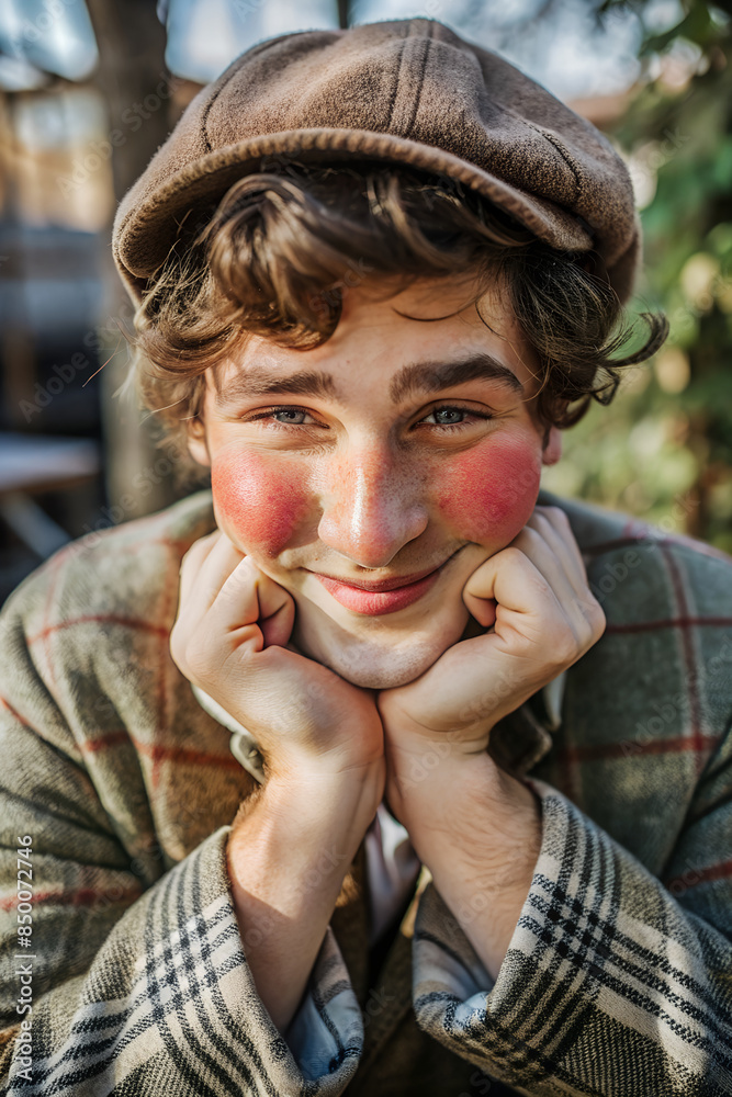 Depict a man with cheeks flushed red, eyes looking down, and a shy ...