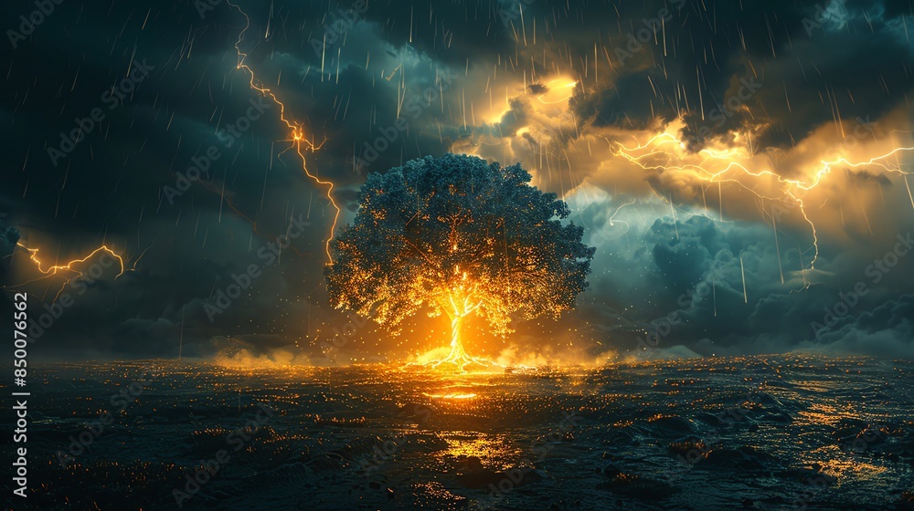 Lightning striking a lone tree, electrifying the night sky with dark ...