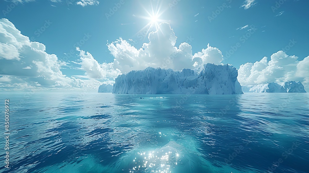 Melting ice cap with water flowing into the ocean, clear blue sky, open ...