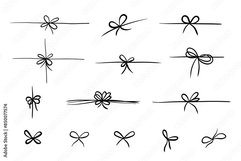 Gift bow icons set. Ribbon with knot, vector line doodle drawing ...