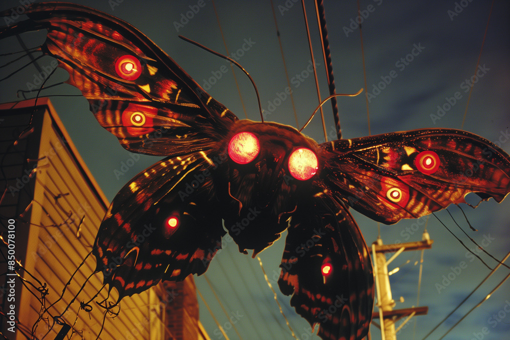 Enigmatic giant moth with glowing red eyes and patterned wings ...