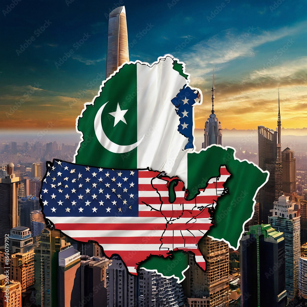 USA vs pakistan flag, world map and building skyline use for t20 ...