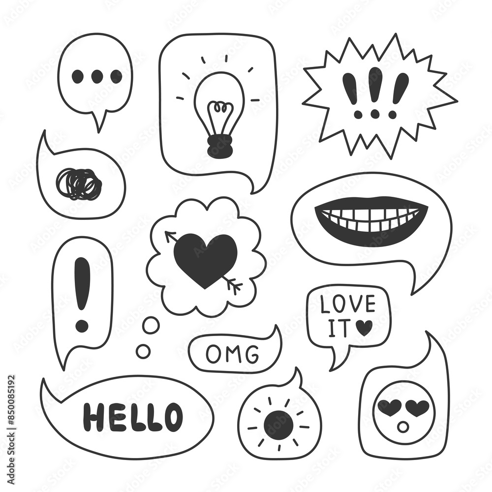 Speech Bubbles Cartoon Doodle Set. Hand drawn comic balloons and clouds ...