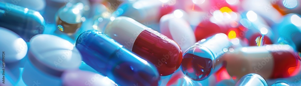 A bunch of pills are scattered on a blue surface. The pills are of ...