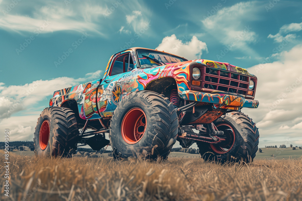 Vibrantly painted monster truck with large tires stands in an open ...