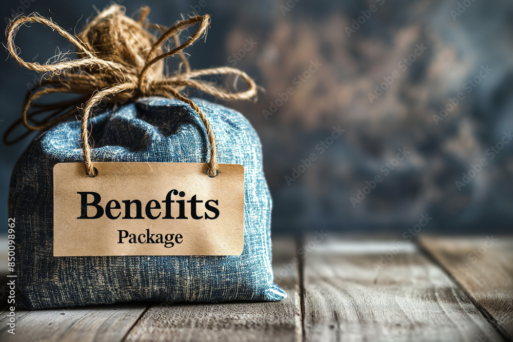 A burlap sack labeled "Benefits Package" tied with a rope, symbolizing ...