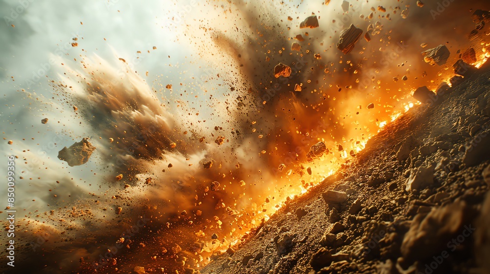 Rockfall on a hillside, boulders crashing down amidst a dusty haze ...