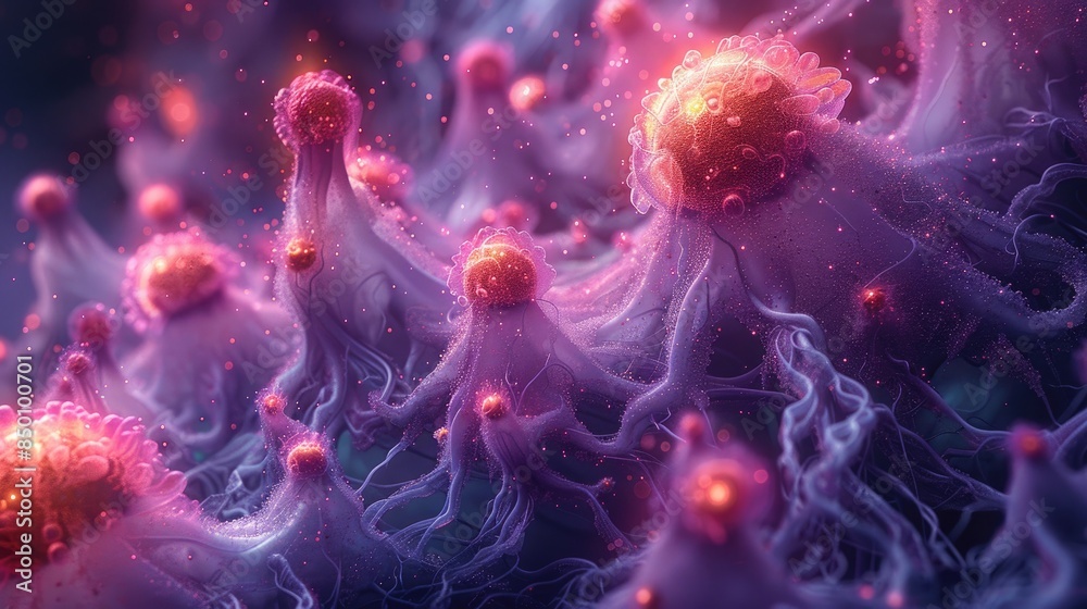 Microscopic view of a biopsy sample showing cancer cells among normal ...