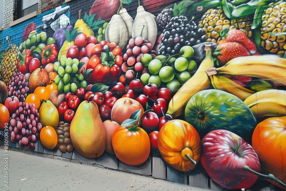 Colorful street art mural depicting a vibrant array of fruits and ...