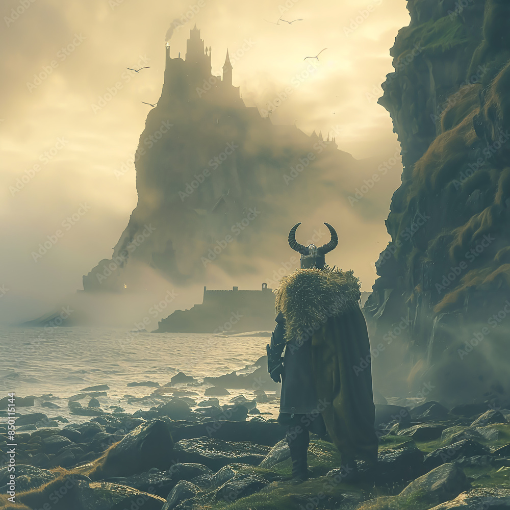 Warrior, wearing horned helmet and fur cloak, standing on rocky shore, facing an ancient Norse ...