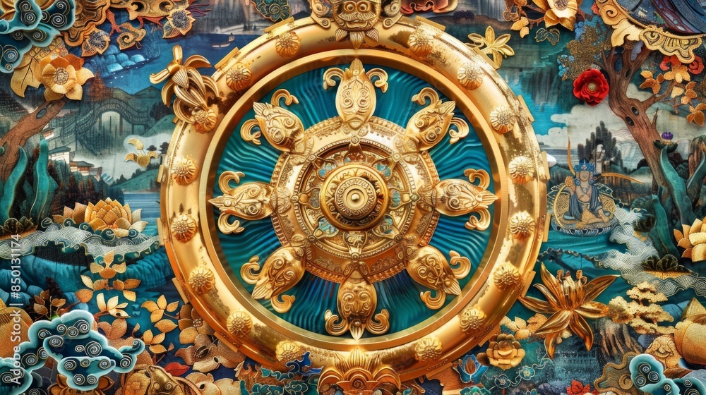 Buddhist Wheel of Dharma: Design a vibrant and detailed image of the Buddhist Wheel of Dharma ...