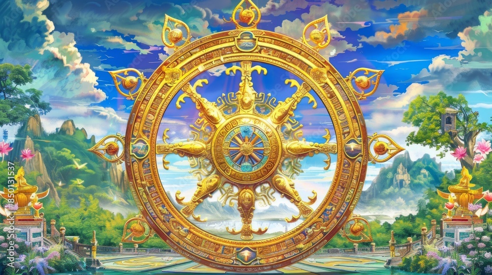 Buddhist Wheel of Dharma: Design a vibrant and detailed image of the Buddhist Wheel of Dharma ...