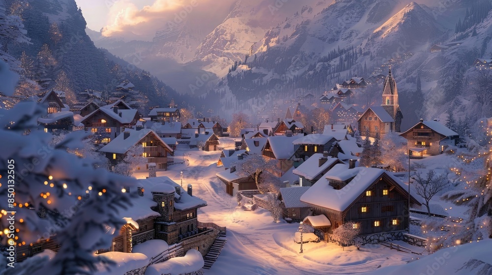 Charming alpine village with snow-draped rooftops and quaint chalets ...