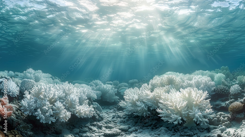 coral reef bleached white and dying, highlighting the devastating ...