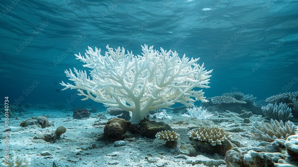 coral reef bleached white and dying, highlighting the devastating ...