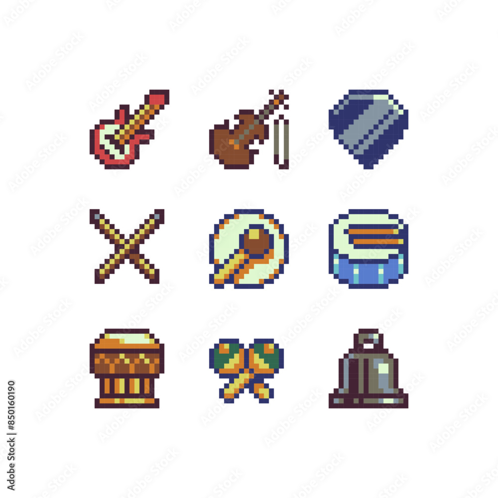 Music instrument pixel art style icons set, emoji. 8-bit sprite. Design ...