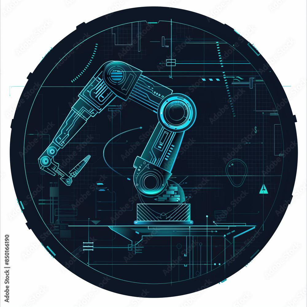 A futuristic robotic arm, depicted in a detailed blueprint style ...