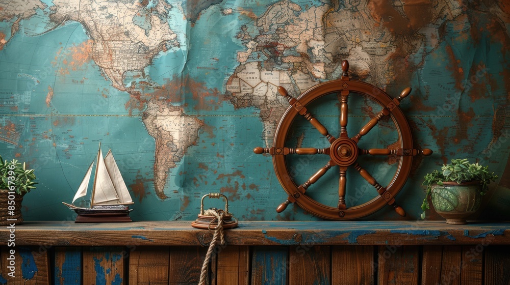 Vintage nautical-themed decor with a world map, a ship wheel, and a ...